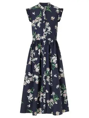 Erdem Pleated Ruffled Floral-print Cotton-poplin Midi Dress - Blue