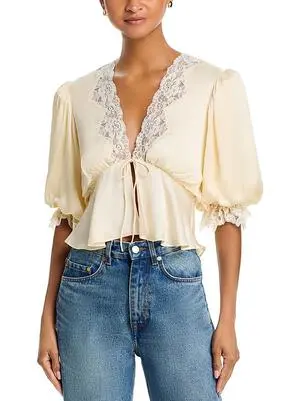 RUMORED V Neck Lace Trim Top - Yellow