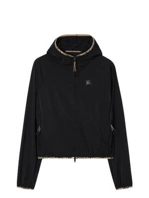 Burberry Stretch Hooded Jacket With Check Trim - Black