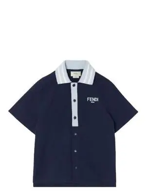 Fendi Embroidered Seersucker Polo Shirt - Blue
