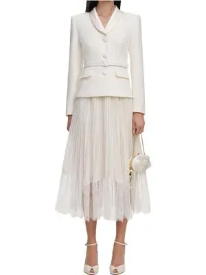 SELF-PORTRAIT Cream Boucle Shawl Collared Midi Dress - White