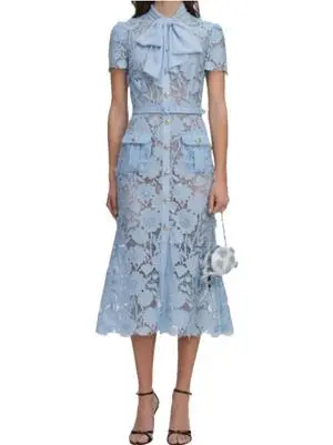 SELF-PORTRAIT Lace Tie Neck Midi Dress - Blue
