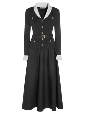 SELF-PORTRAIT Self-Portrait Ribbed Knit Midi Dress With Belted Waist No