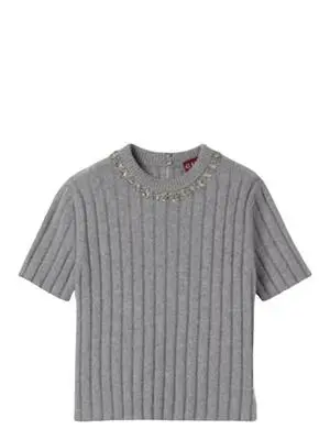 GUCCI Gucci Ribbed Wool And Cashmere Top With Crystal Embellished Collar