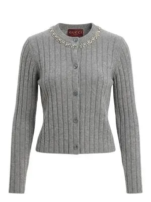 Gucci Ribbed Wool And Cashmere Cardigan With Embellished Neckline - Grey