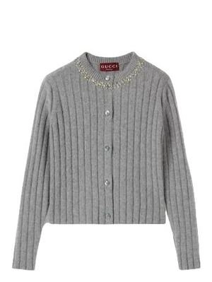 Gucci Ribbed Wool And Cashmere Cardigan With Embellished Neckline - Grey