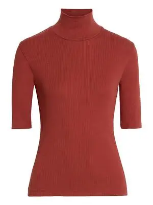 Vince Ribbed Cotton Turtleneck Top - Brick