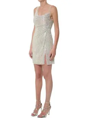 SELF-PORTRAIT Rhinestone Draped Mini Dress - Silver
