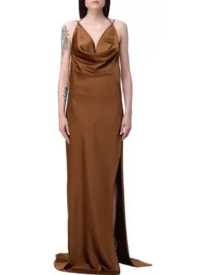 Andamane Satin Maxi Dress With V-neck And Train - Bronze
