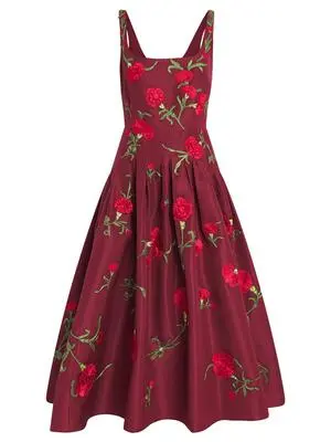 Carolina Herrera Silk Floral Embroidered Midi Dress - Red