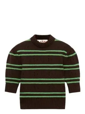 Marni Short-sleeved Openwork Knit Sweater With Horizontal Stripes - Brown
