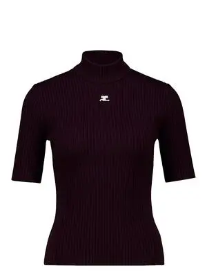 COURREGES Rib Knit High Neck Short Sleeve Sweater - Burgundy