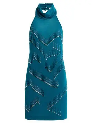 DES_PHEMMES Backless Mini Tube Dress With Beaded Fringe - Blue