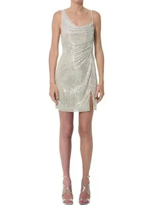 SELF-PORTRAIT Rhinestone Embellished Draped Mini Dress - Silver