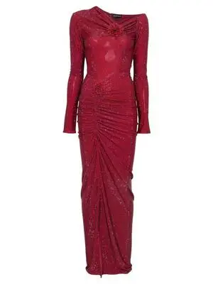 MIRON Crystal Embellished Flower Appliqué Maxi Dress - Red