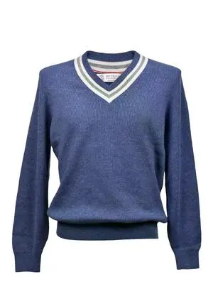 Brunello Cucinelli Ribbed V-neck Sweater With Striped Trim - Blue