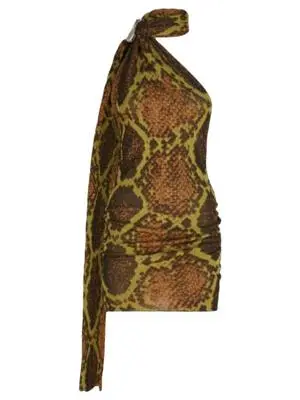 Attico Halterneck Snake Print Mini Dress - Brown