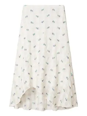 Tory Burch Embroidered Linen Blend Gingham Skirt - Ivory Embroidered Gingham