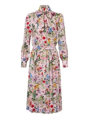Gucci Floral Pleated Silk Shirt Dress - Pink