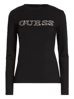 Guess Embellished Logo Long Sleeve Cotton T-shirt - Black