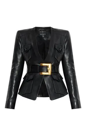 Balmain Leather Jacket With Belt - Black