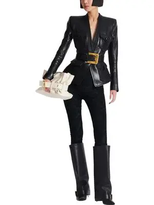 Balmain Lambskin Belted Fitted Jacket - Black
