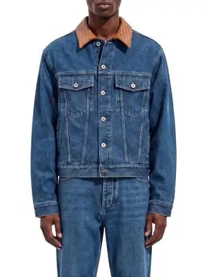 Bottega Veneta Denim Jacket With Woven Leather Collar - Blue