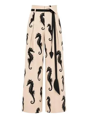 JULIA ALLERT Seahorse Print Wide Leg Trousers With Belt – Capsule Edition - Beige