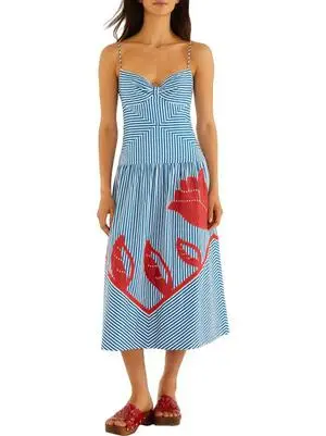 Farm Rio Sky Stripes Floral Embroidered Midi Dress - Blue