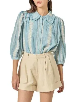 English Factory Embroidered Ruffle Shirt - Powder Blue/natural