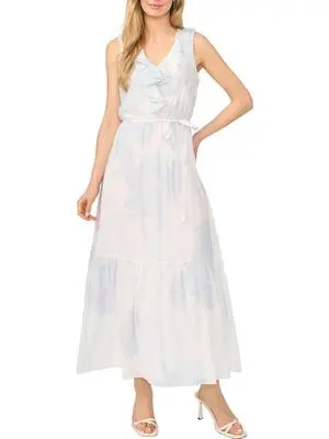 Halogen Ruffle Metallic Tie Waist Sleeveless Maxi Dress - Blue Multi