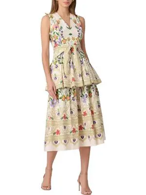 Shoshanna Floral Tiered Midi Dress - Lilac/tangerine/sand