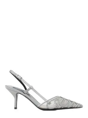 Giorgio Armani Leather And Mesh Slingback Pumps With Rhinestone Embroidery - Silver