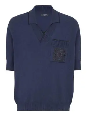 Balmain Cusson Embroidered Knit Polo Shirt - Navy