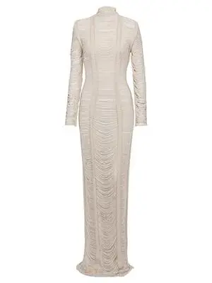 Balmain Openwork Macramé Maxi Dress With High Neck - Beige