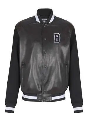 Balmain Varsity Lambskin Leather And Wool Jacket - Black