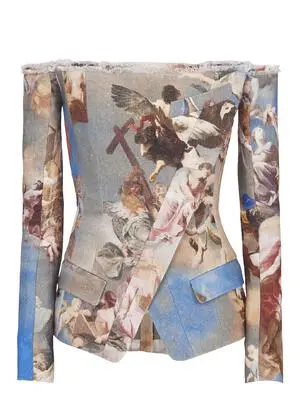 Balmain Off-the-shoulder Printed Linen Jacket - Multicolor