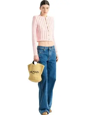 Balmain Cropped Fléchage Knit Cardigan With Lion Head Buttons - Pink