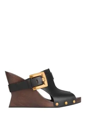 Balmain Anthem Wedge Leather Mules With Gold Buckle - Black