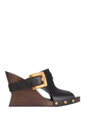 Balmain Anthem Wedge Leather Mules With Gold Buckle - Black