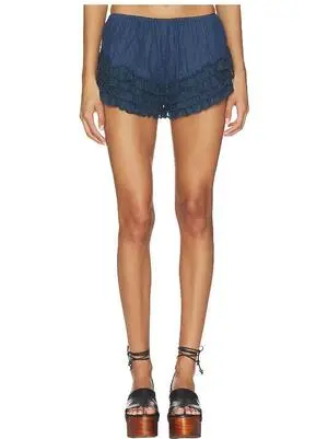 For Love & Lemons Yasmin Ruffle Denim Shorts - Blue