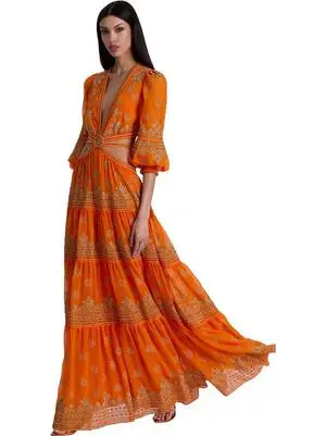 Alice + Olivia Embellished Ruffle Maxi Dress - Orange