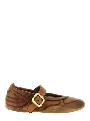Miu Miu Gymnasium Leather Ballerinas With Strap And Buckle - Brown
