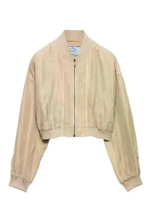 Prada Cropped Silk Bomber Jacket With Tonal Knit Details - Neutrals