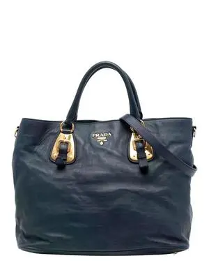 Prada Soft Calfskin Open Convertible Tote Satchel - Blue