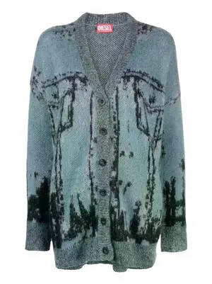DIESEL® Mohair Blend Patterned Intarsia Knit Cardigan - Blue
