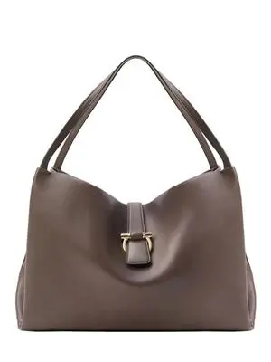 FERRAGAMO Large Mia Gancini Plaque Leather Tote Bag - Brown