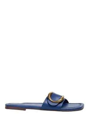 Farm Rio Buckled Leather Slides - Navy