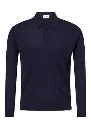 John Smedley Ribbed Merino Wool Long Sleeve Polo Jumper - Midnight