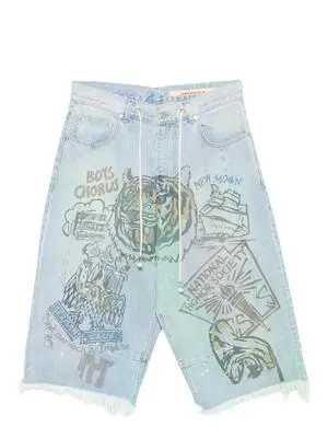 SECND SLF Graphic Print Raw-cut Shorts - Blue
